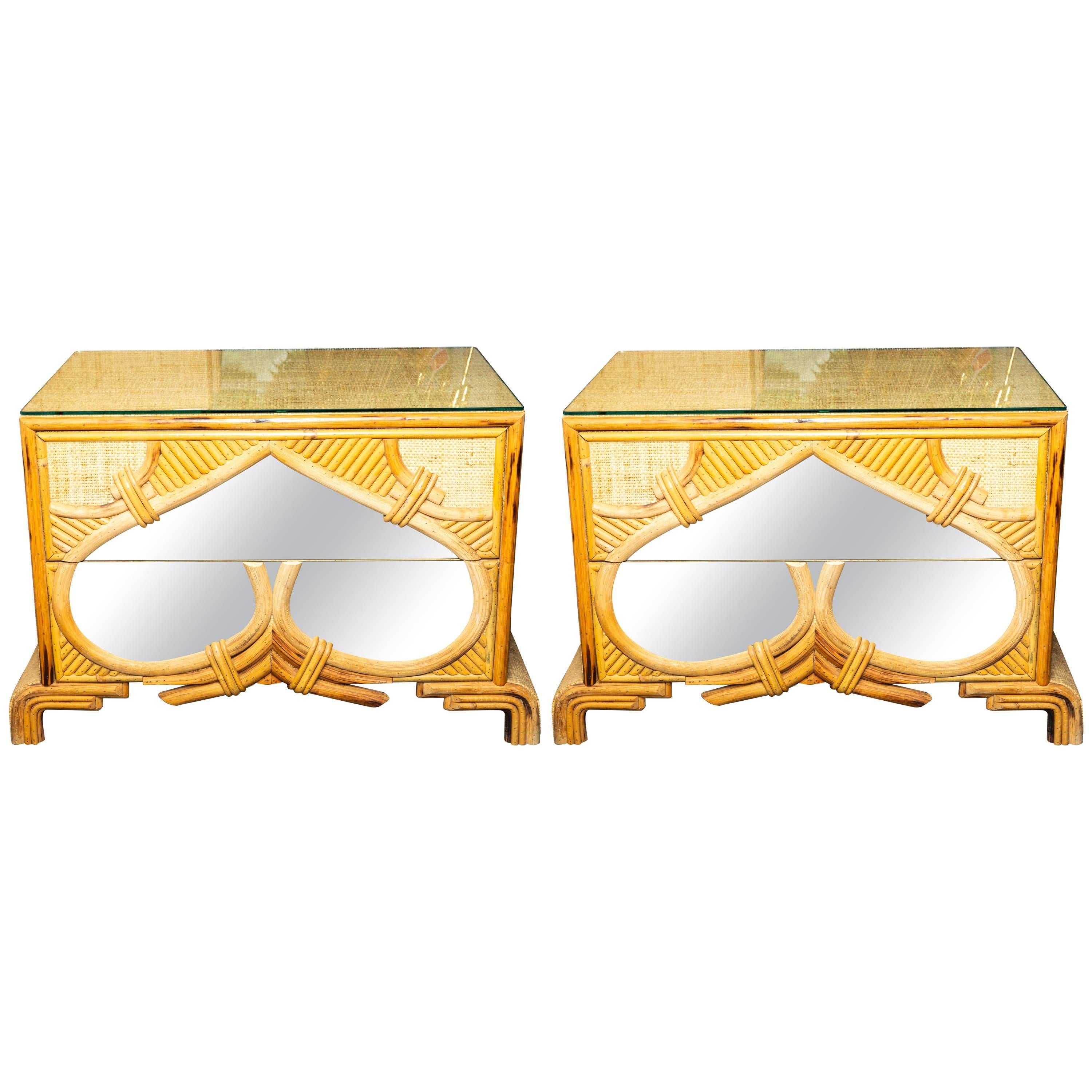 Pair of Bamboo and Reed Two-Drawer Chests with Glass Tops For Sale at ...