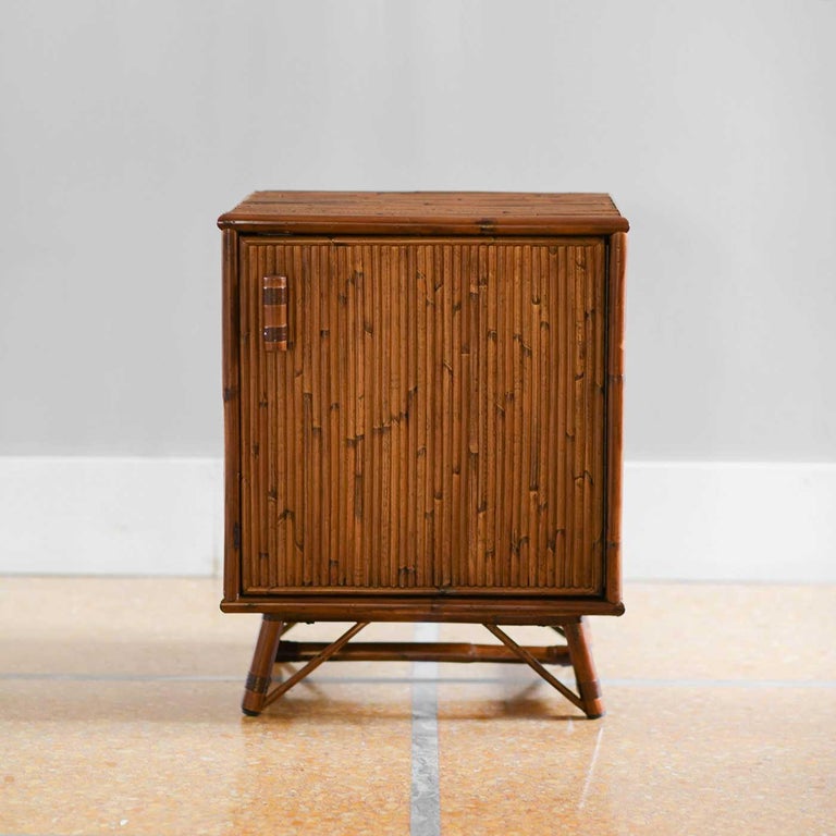 Pair of Bamboo Bedside Tables with Doors and Leather Bindings 'Set of 2 ...