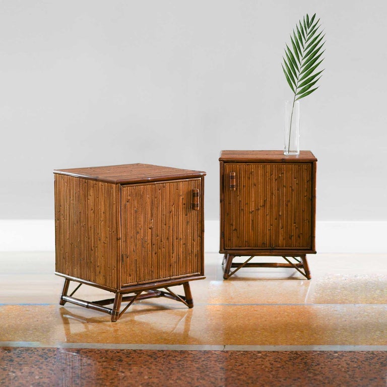 Pair of Bamboo Bedside Tables with Doors and Leather Bindings 'Set of 2 ...