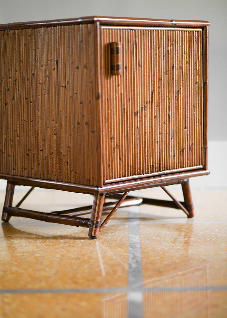 Pair of Bamboo Bedside Tables with Doors and Leather Bindings 'Set of 2 ...