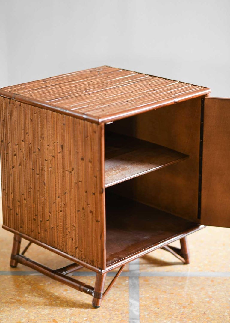 Pair of Bamboo Bedside Tables with Doors and Leather Bindings 'Set of 2 ...
