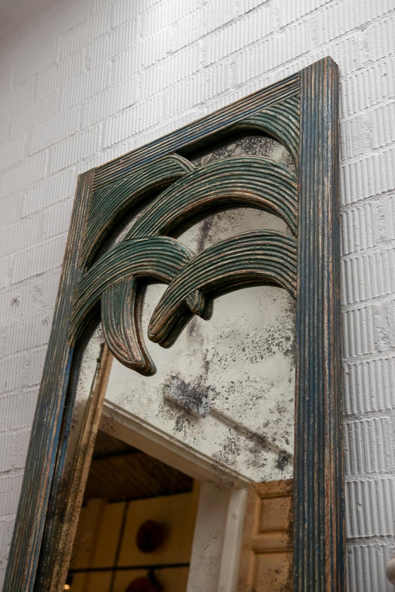 Pair of Bamboo Mirrors Polychromed in Blue Tones For Sale at 1stDibs