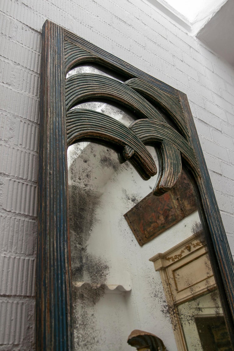 Pair of Bamboo Mirrors Polychromed in Blue Tones For Sale at 1stDibs
