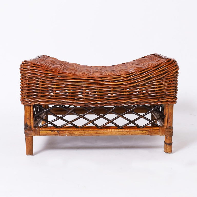 Pair of Bamboo Rattan and Wicker Ottomans For Sale at 1stDibs
