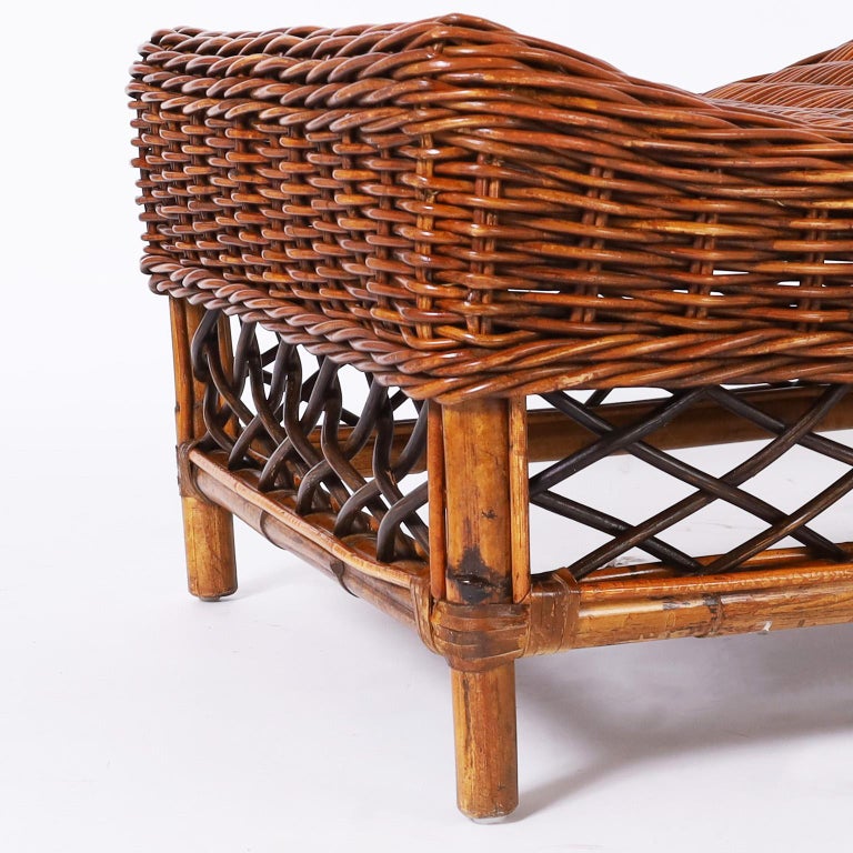 Pair of Bamboo Rattan and Wicker Ottomans For Sale at 1stDibs