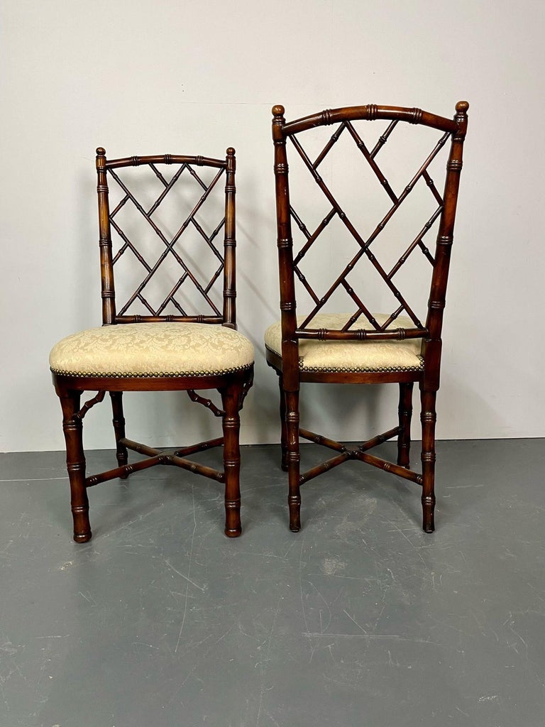 Pair of Bamboo Side, Desk Chairs, Damask Upholstery, Brass Tack ...