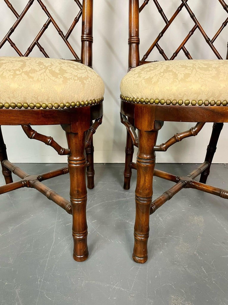 Pair of Bamboo Side, Desk Chairs, Damask Upholstery, Brass Tack ...