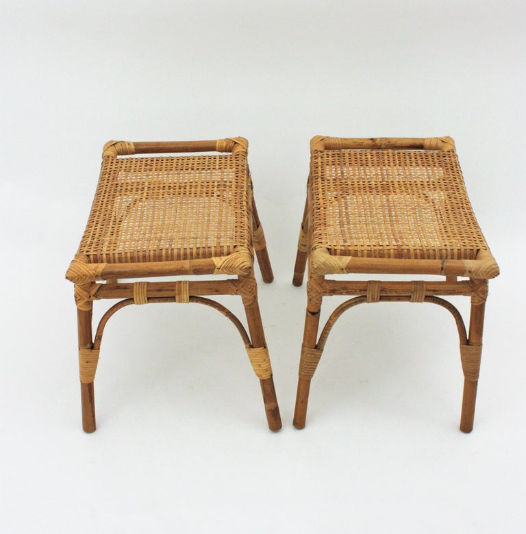 Pair of Bamboo Stools, Benches or Ottoman with Woven Wicker Cane Seats ...