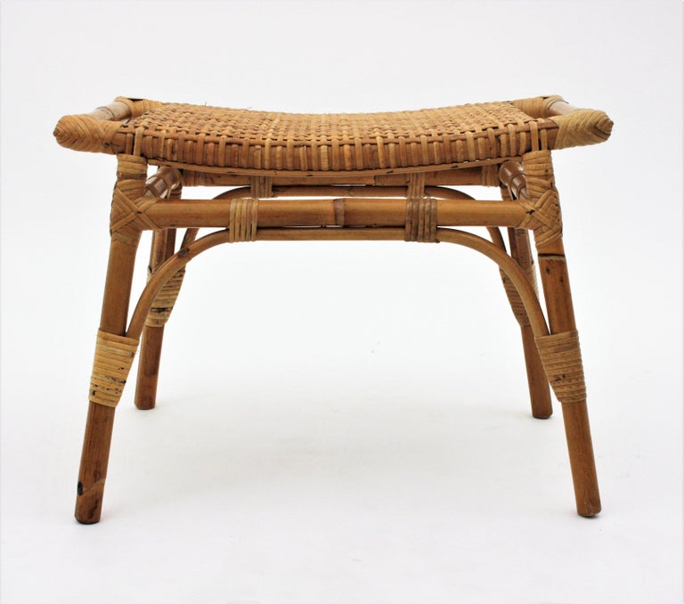 Pair of Bamboo Stools, Benches or Ottoman with Woven Wicker Cane Seats ...