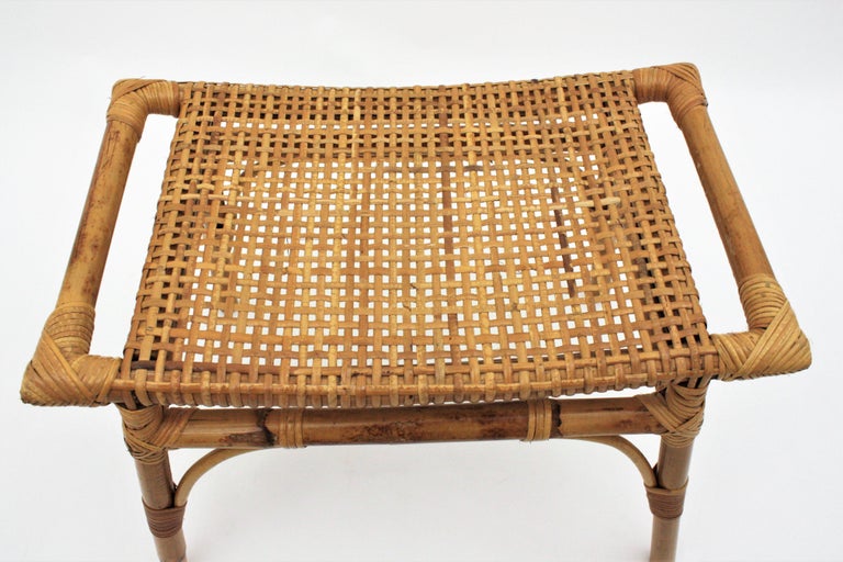 Pair of Bamboo Stools, Benches or Ottoman with Woven Wicker Cane Seats ...