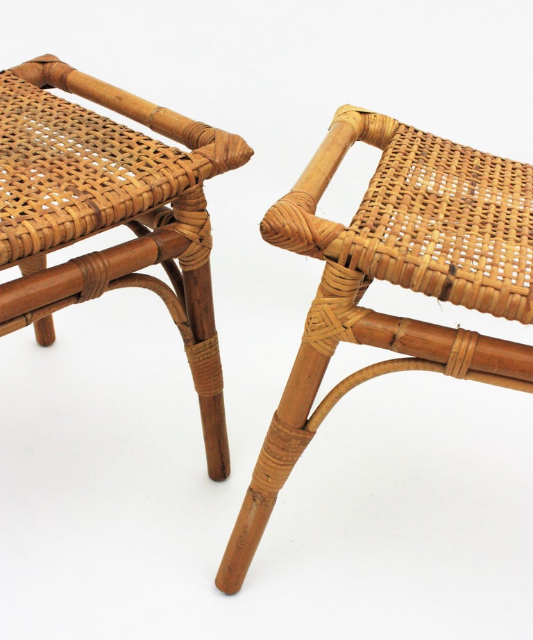 Pair of Bamboo Stools, Benches or Ottoman with Woven Wicker Cane Seats ...