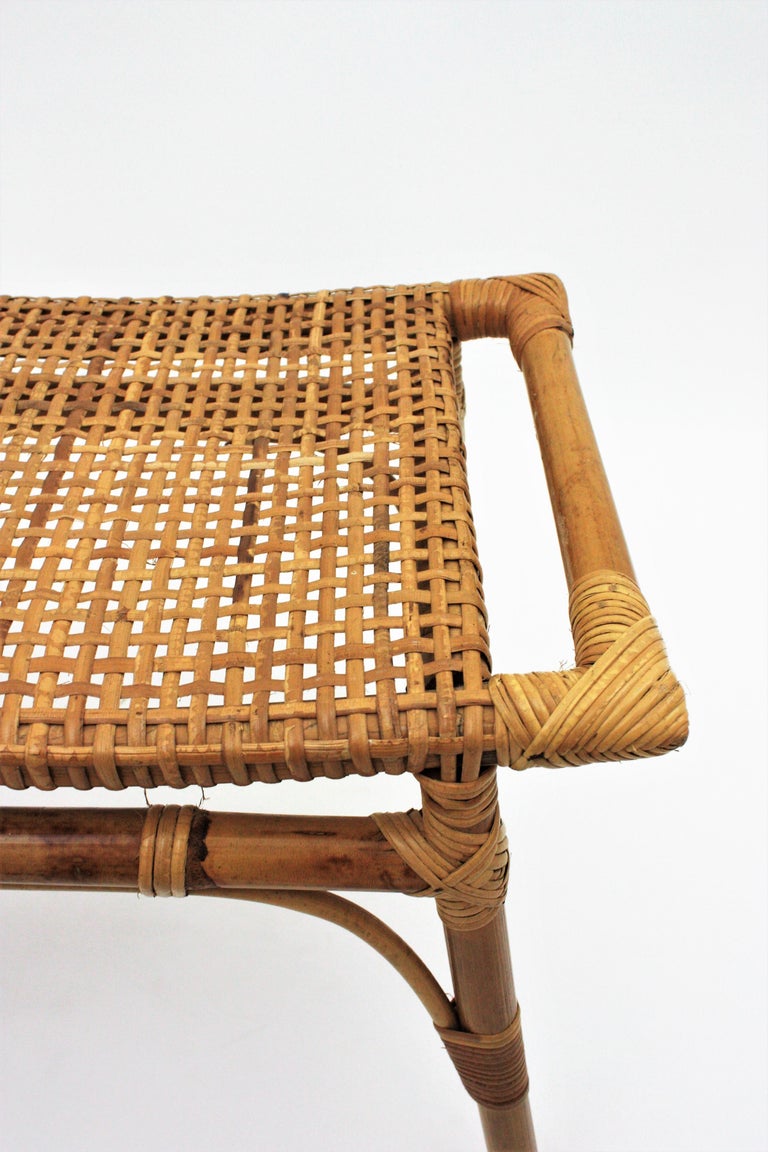 Pair of Bamboo Stools, Benches or Ottoman with Woven Wicker Cane Seats ...