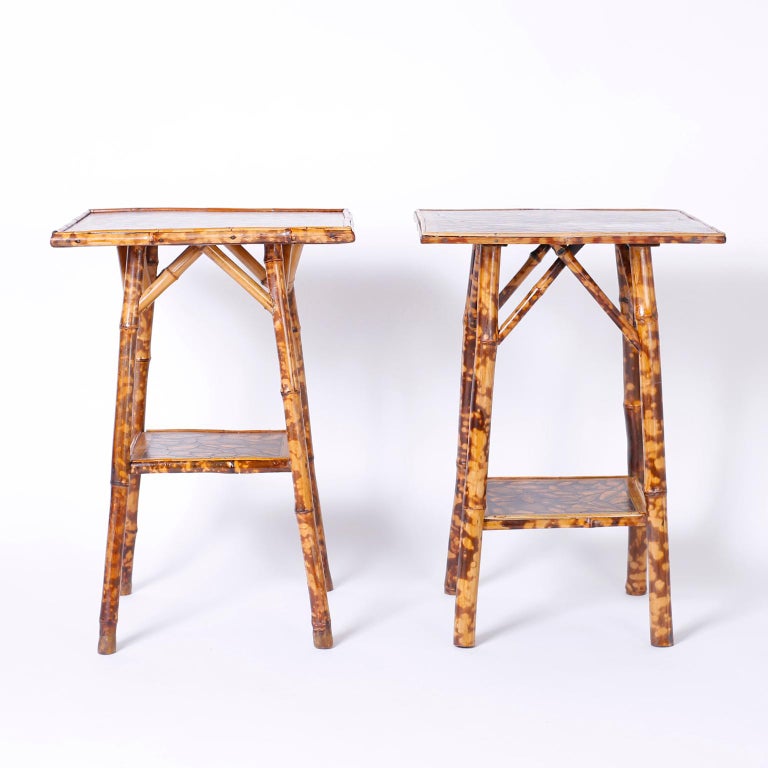 Pair of Bamboo Tables with Seashell Decoupage Tops at 1stDibs