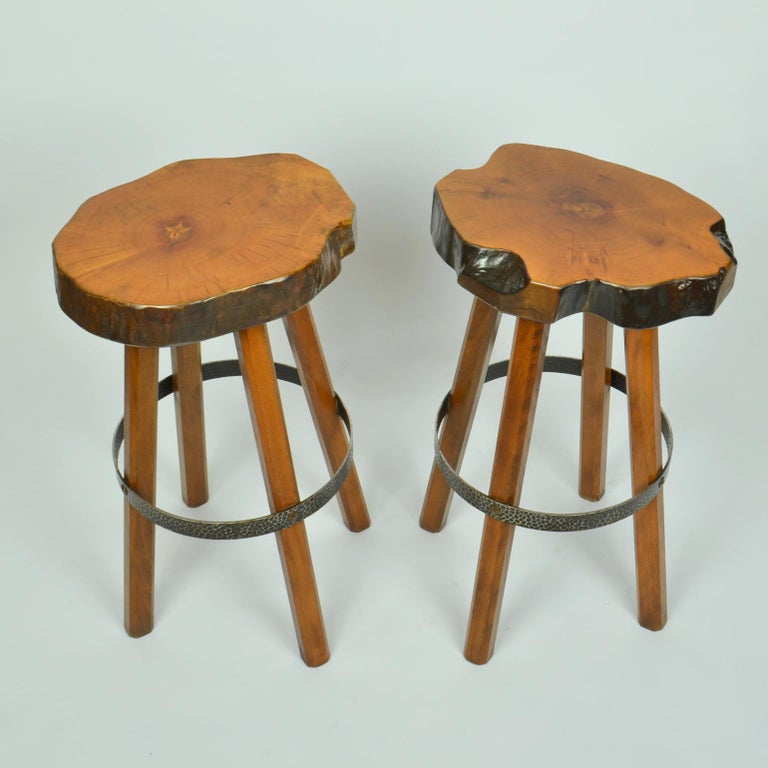 Pair of Bar Stools Handcrafted Burr Wood, 1970s For Sale at 1stDibs