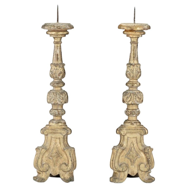 Pair of Baroque Hand-Carved Giltwood Candlesticks For Sale at 1stDibs