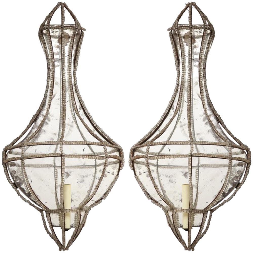 1960's Beaded Crystals White Sconces For Sale at 1stDibs