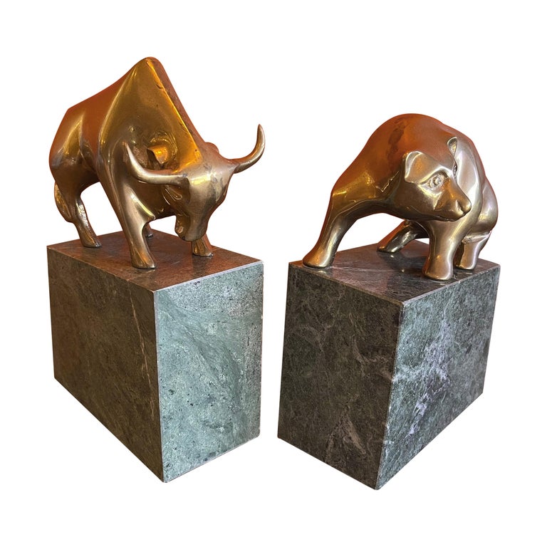 Pair of Bear and Bull Bronze Bookends on Green Marble Blocks at 1stDibs