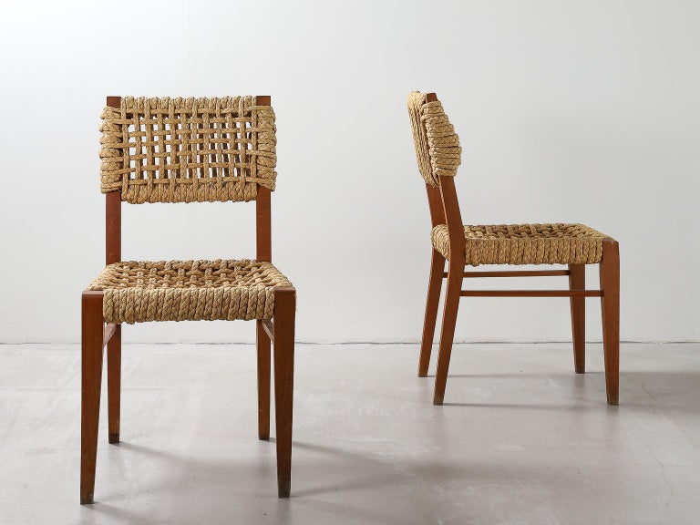 Pair of Beech and Woven Rope Dining Chairs by Adrien Audoux and Frida ...