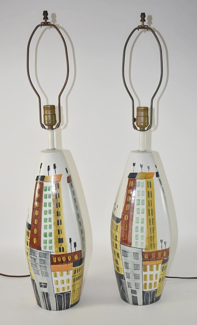 Pair of Bitossi Raymor Italian Cityscape Ceramic Table Lamps For Sale ...