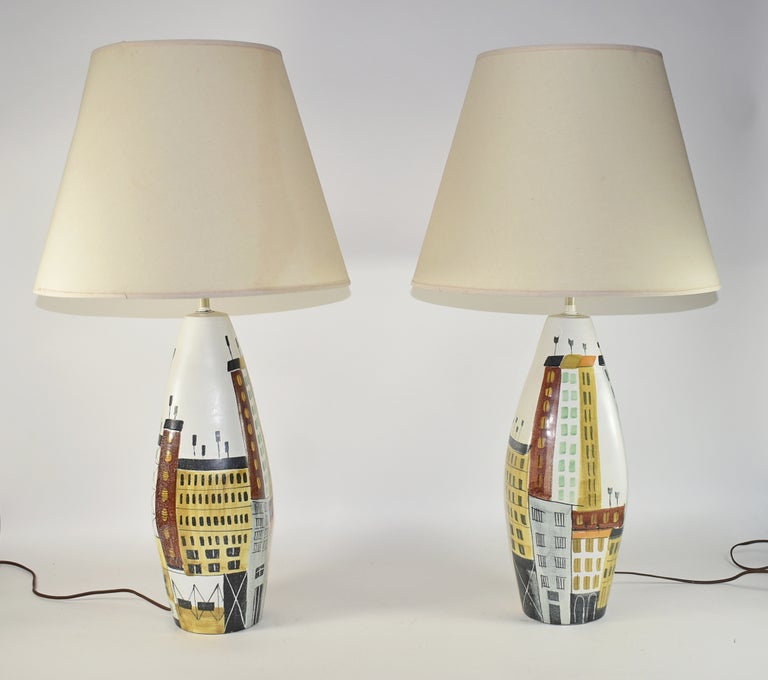 Pair of Bitossi Raymor Italian Cityscape Ceramic Table Lamps For Sale ...