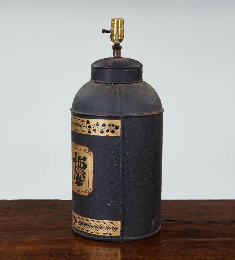 Pair of Black and Gold Tea Tin Lamps For Sale at 1stDibs