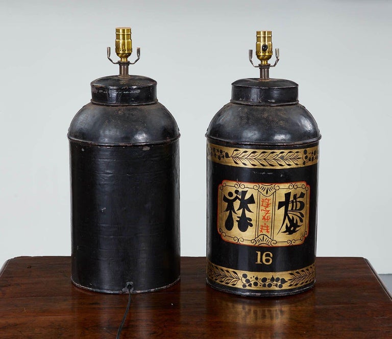 Pair of Black and Gold Tea Tin Lamps For Sale at 1stDibs