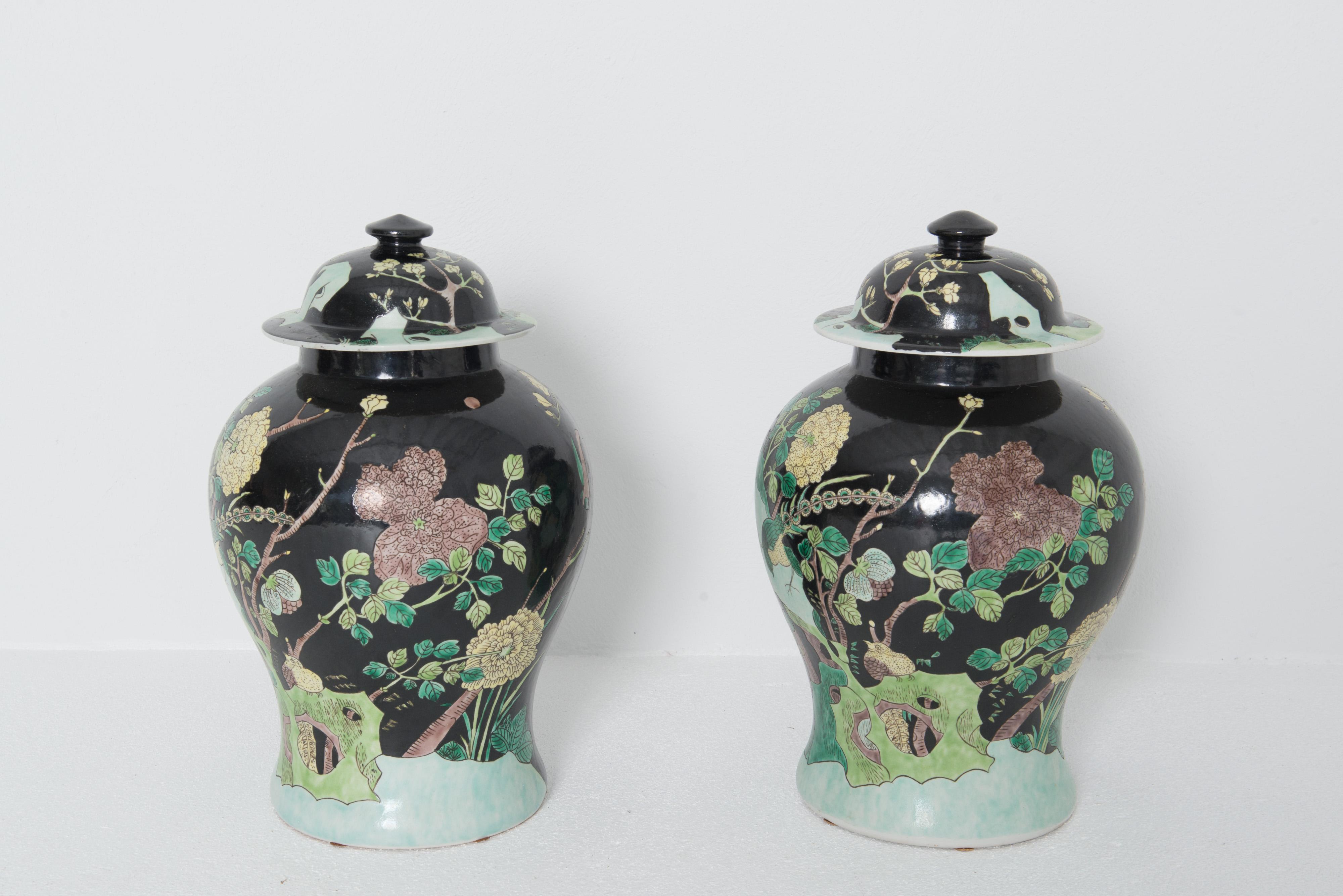 Pair of Black and Green Ceramic Ginger Jars For Sale at 1stDibs