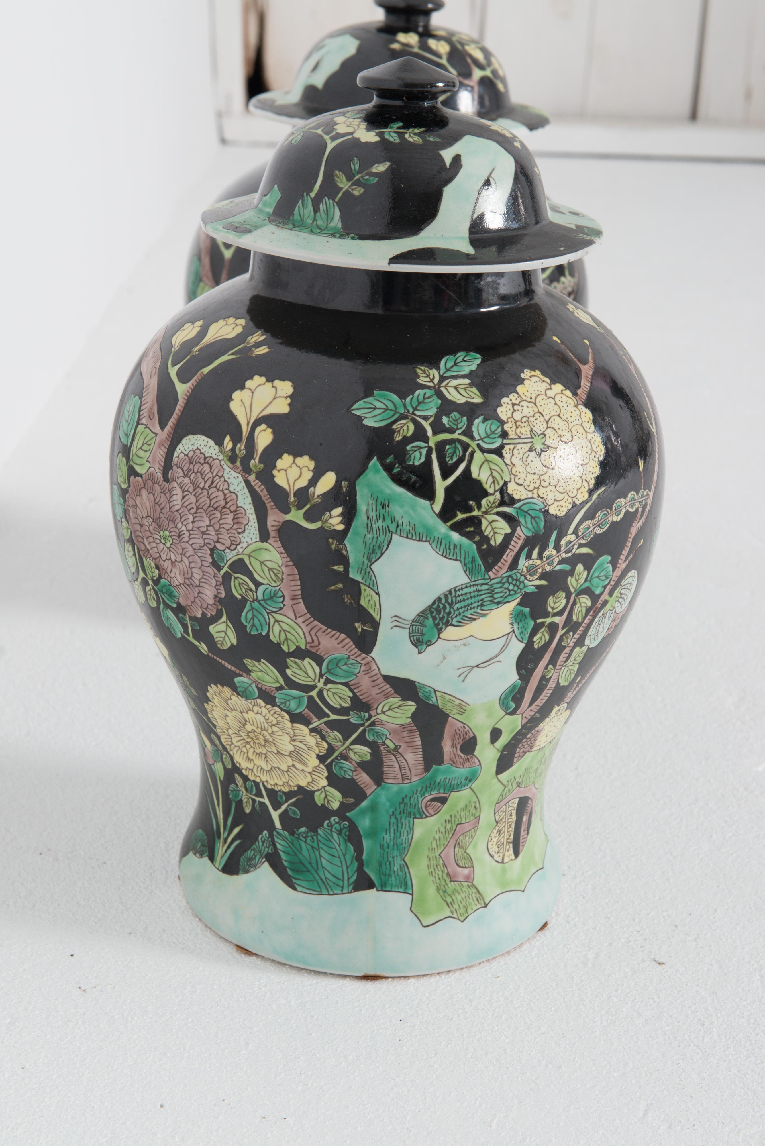 Pair of Black and Green Ceramic Ginger Jars For Sale at 1stDibs