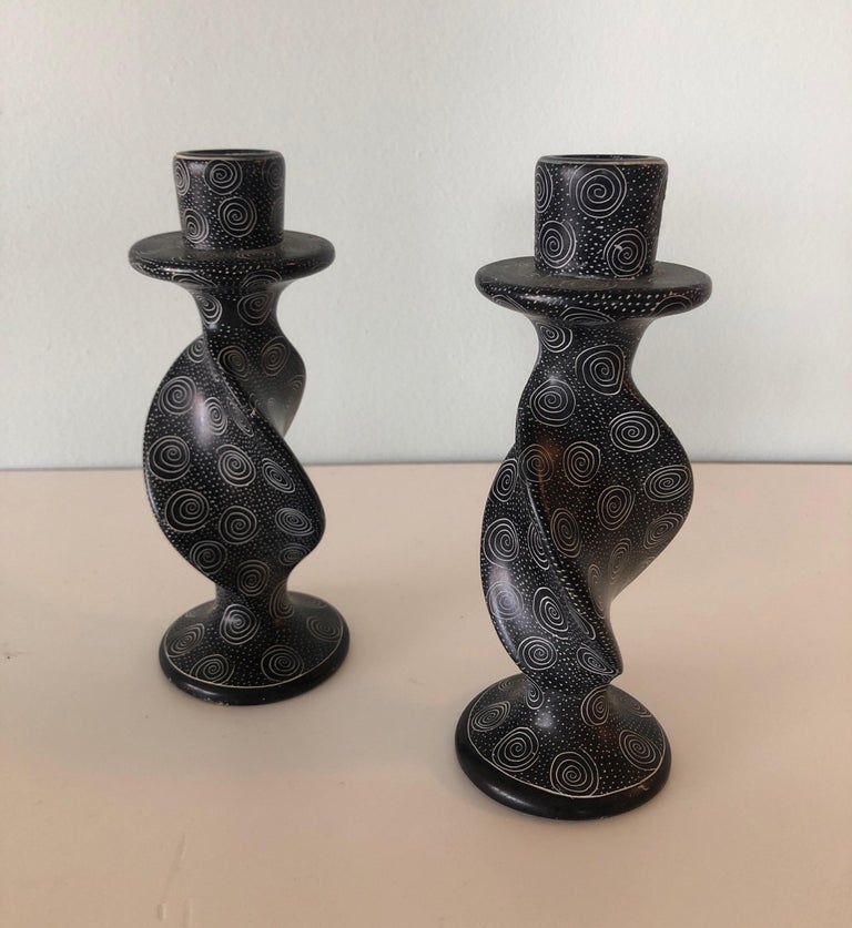 Pair of Black and White African Soapstone Candle Holders For Sale at ...