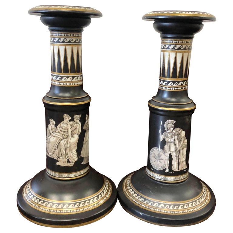 Pair of Black and White Prattware Candlesticks at 1stDibs