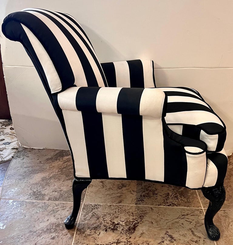 Pair of Black and White Striped Carved Lounge Chairs Armchairs Bergeres ...
