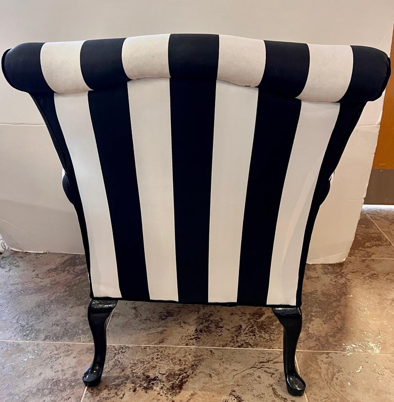 Pair of Black and White Striped Carved Lounge Chairs Armchairs Bergeres ...