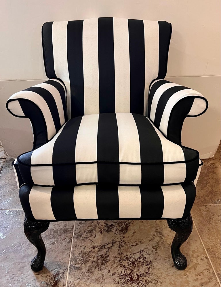 Pair of Black and White Striped Carved Lounge Chairs Armchairs Bergeres ...
