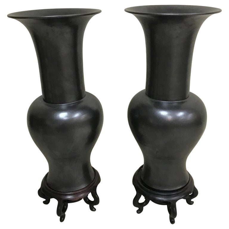 Pair of Black Basalt Temple Vases on Wood Stands For Sale at 1stDibs