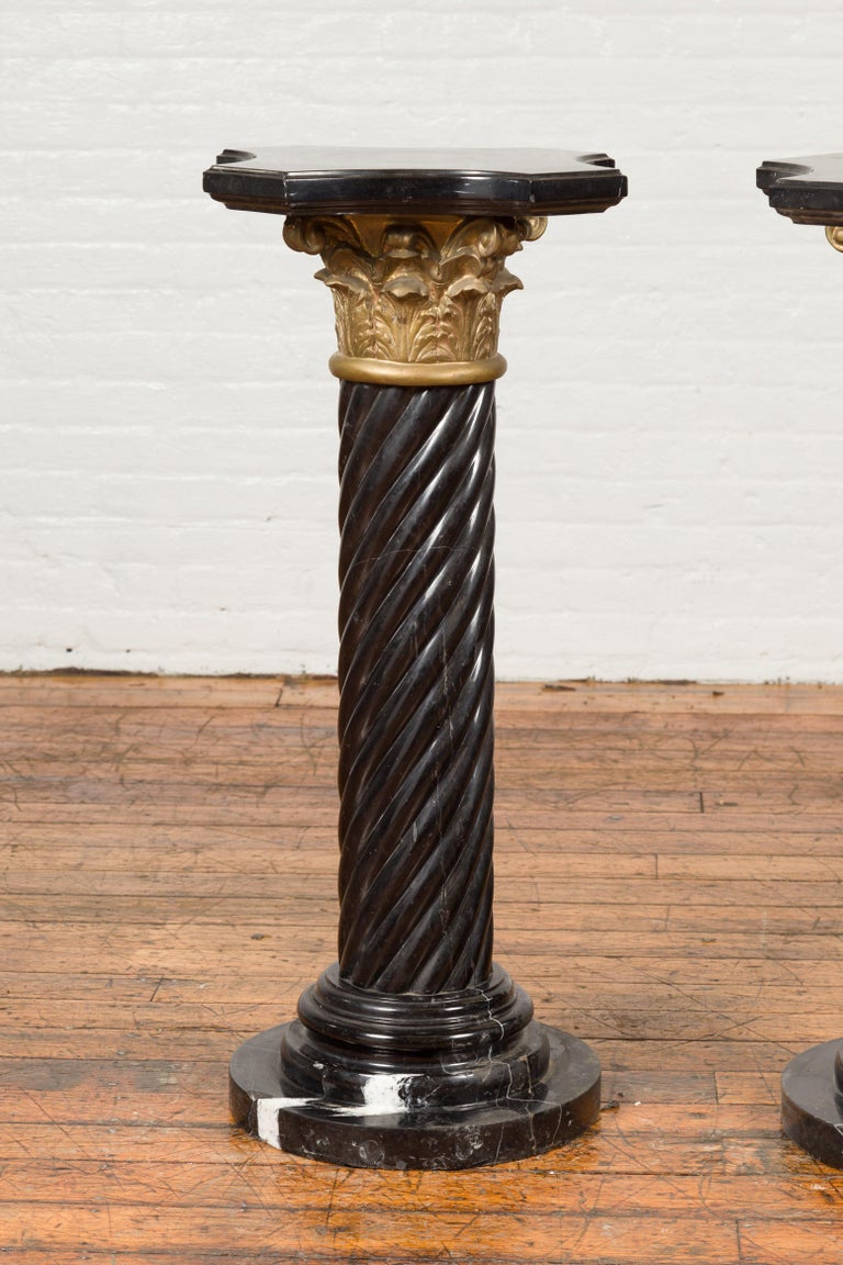 Pair of Black Carrara Marble Twisted Pedestals with Bronze Corinthian ...