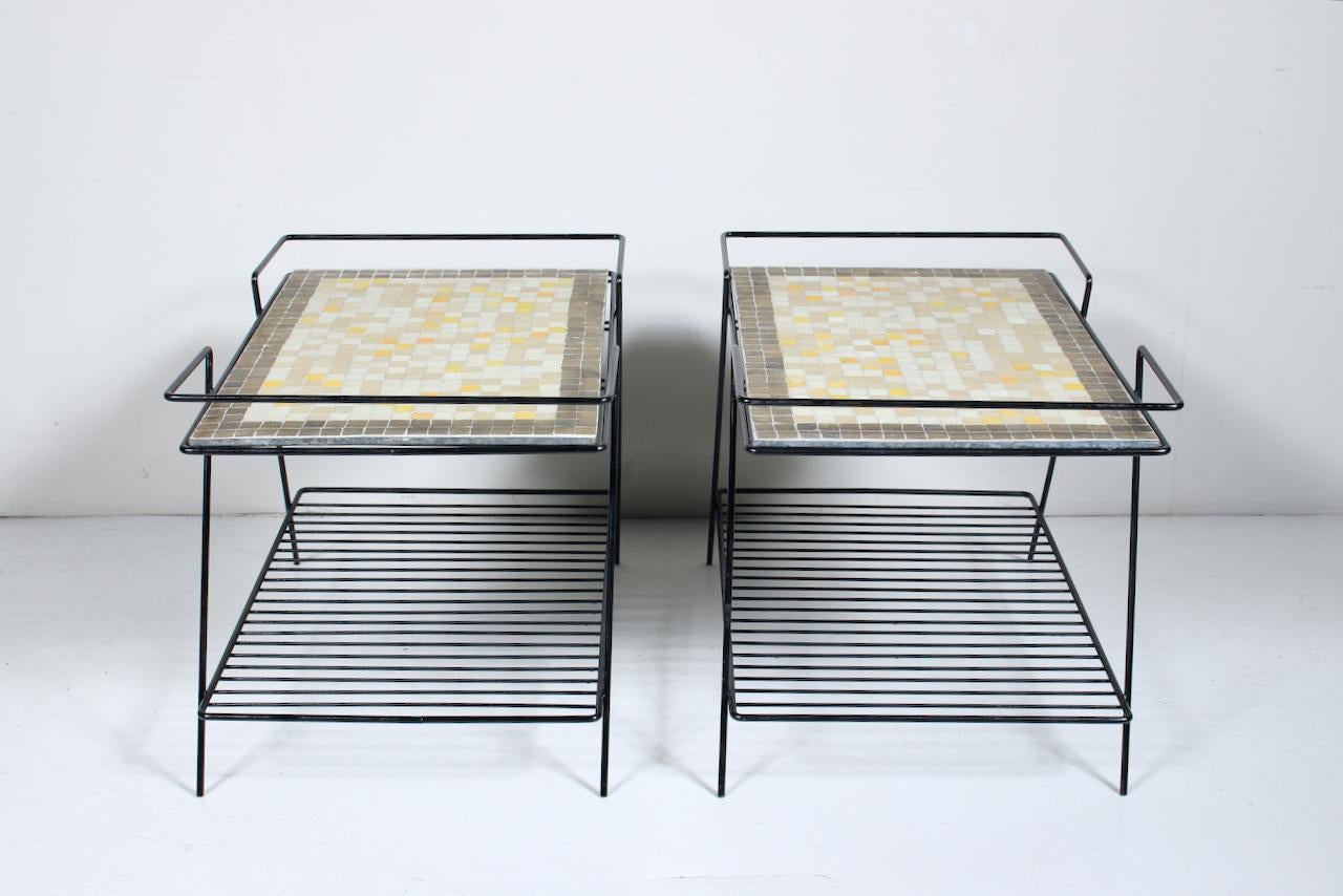 Pair of Black Iron and Wire Tables with Taupe Yellow and White Terrazzo ...