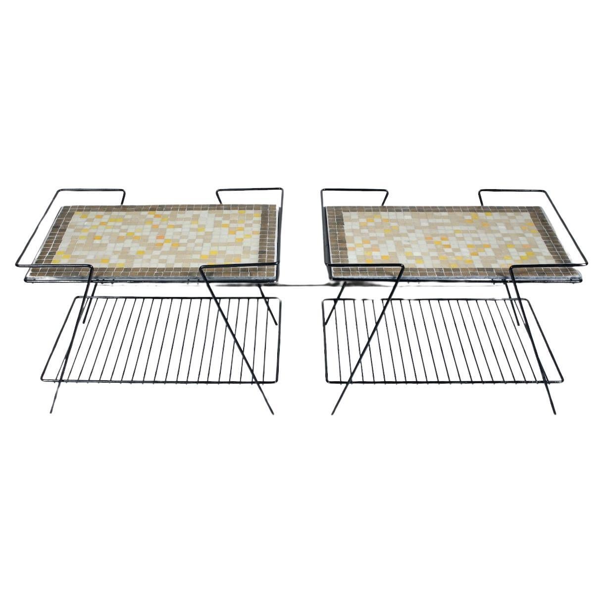 Pair of Black Iron and Wire Tables with Taupe Yellow and White Terrazzo ...