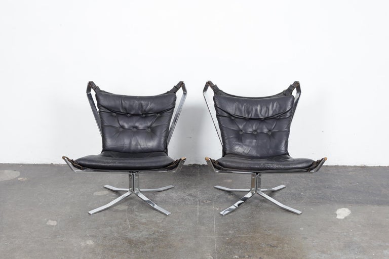 Pair of Black Leather and Chrome Flat Bar 'Falcon' Style Chairs ...