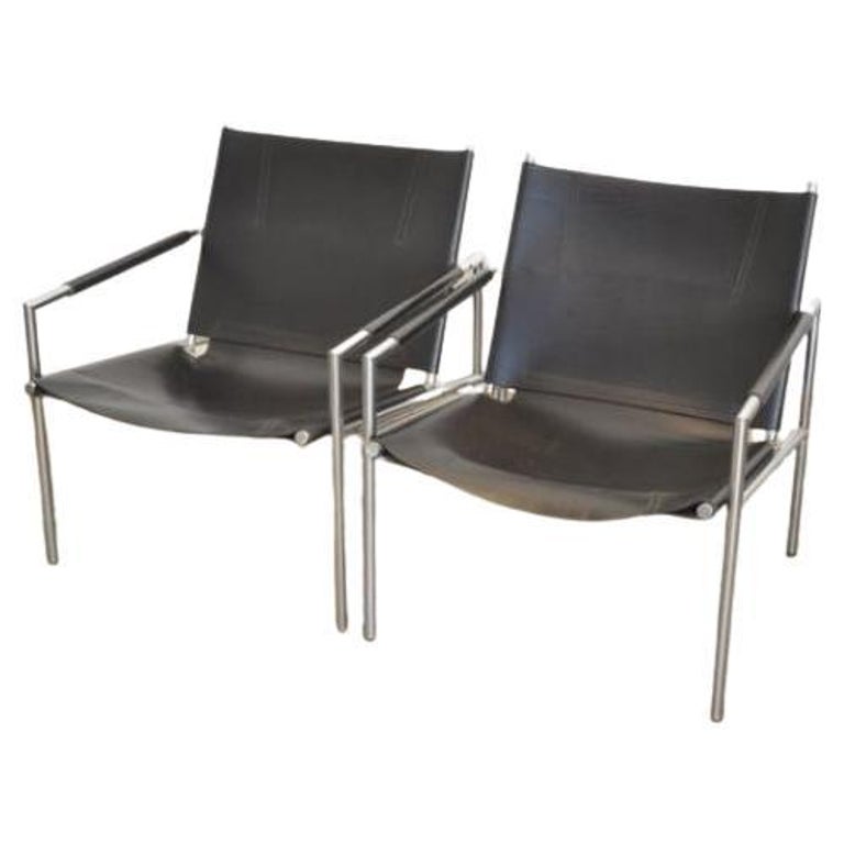 Pair of Black Leather and Chrome Martin Visser Lounge Chairs, Model ...