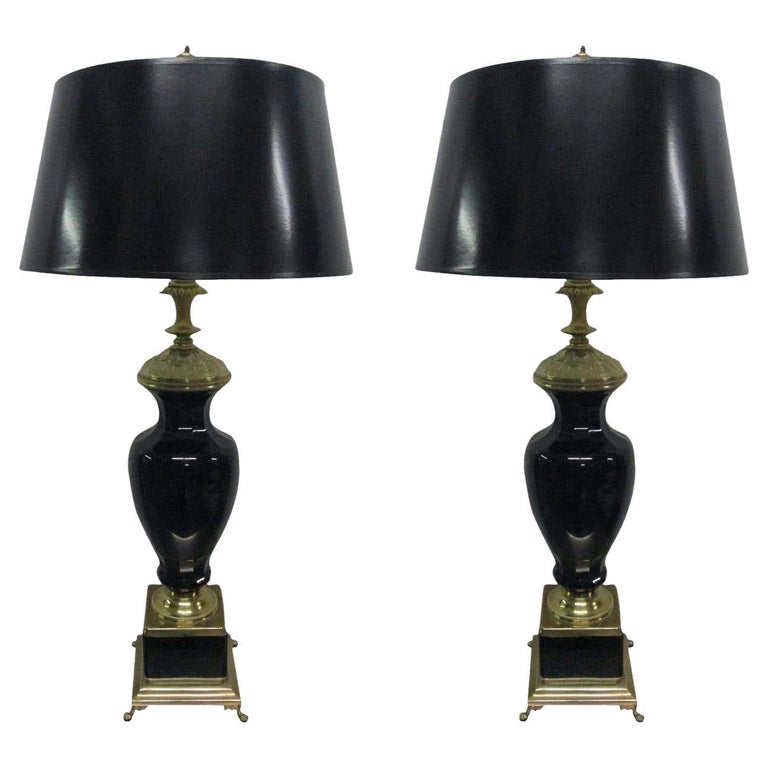 Pair of Black Opaline and Brass Lamps For Sale at 1stDibs