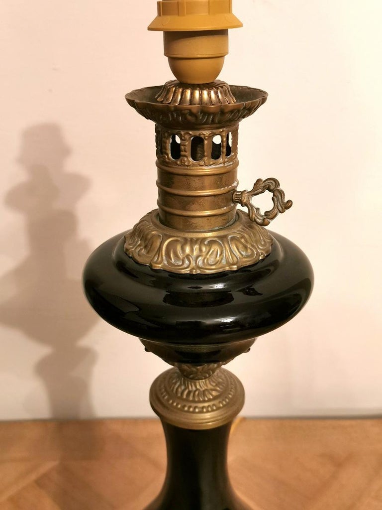 Pair of Black Opaline Glass Oil Lamps with Lampshade and Brass ...
