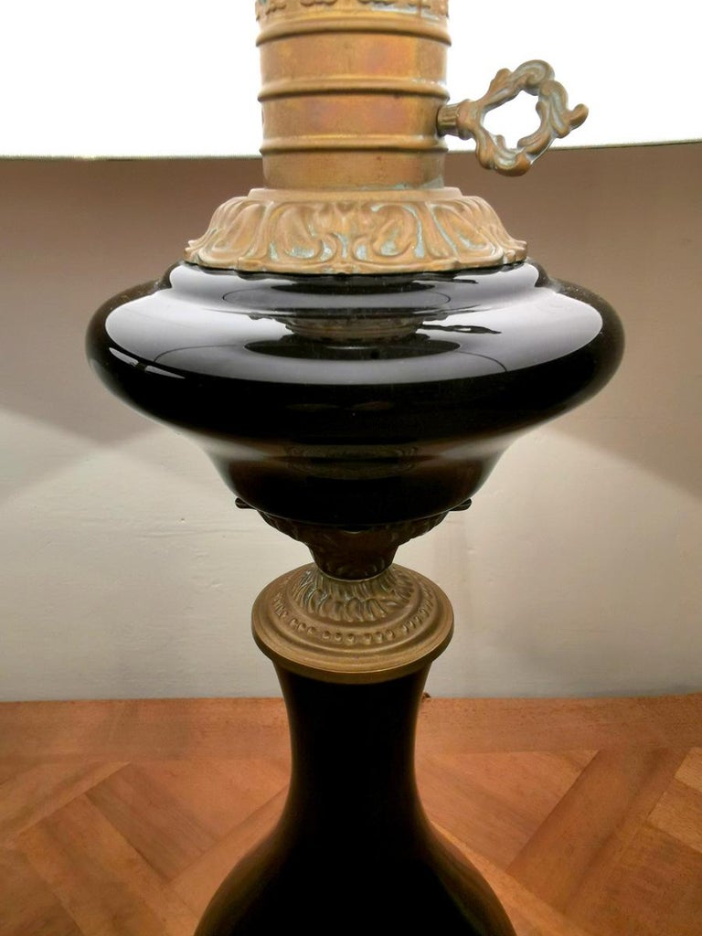 Pair of Black Opaline Glass Oil Lamps with Lampshade and Brass ...