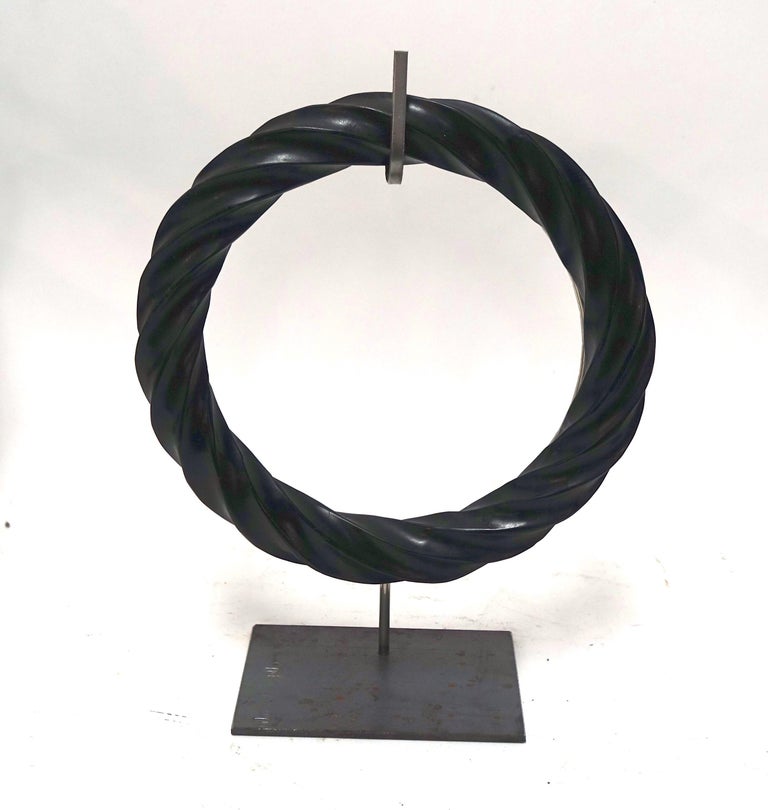 Pair of Black Twisted Marble Ring Sculptures on Stands, China ...