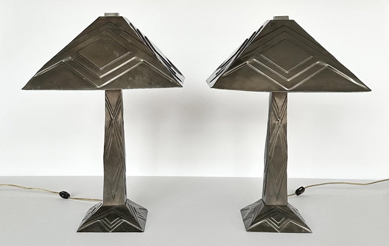 Pair of Blackened Brass Art Deco Table Lamps with Hand-Forged Shades ...