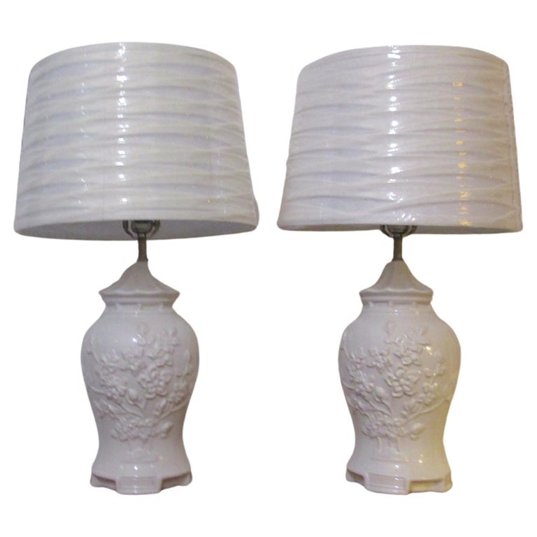 Pair of Blanc De Chine Vintage Porcelain Baluster Lamps with Shades For ...