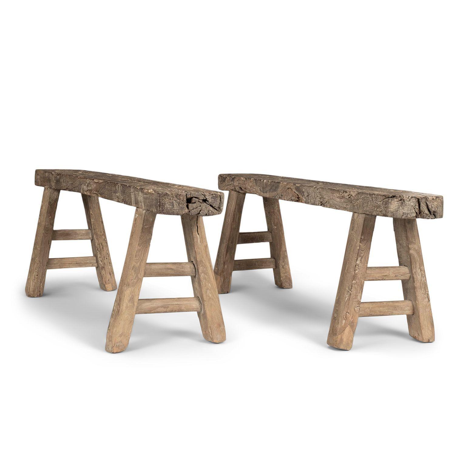 Pair of Bleached Antique Wood Benches For Sale at 1stDibs