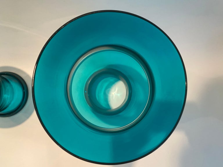 Pair of Blenko Royal Leerdam Blue Green Baluster Form Hurricane Shades ...