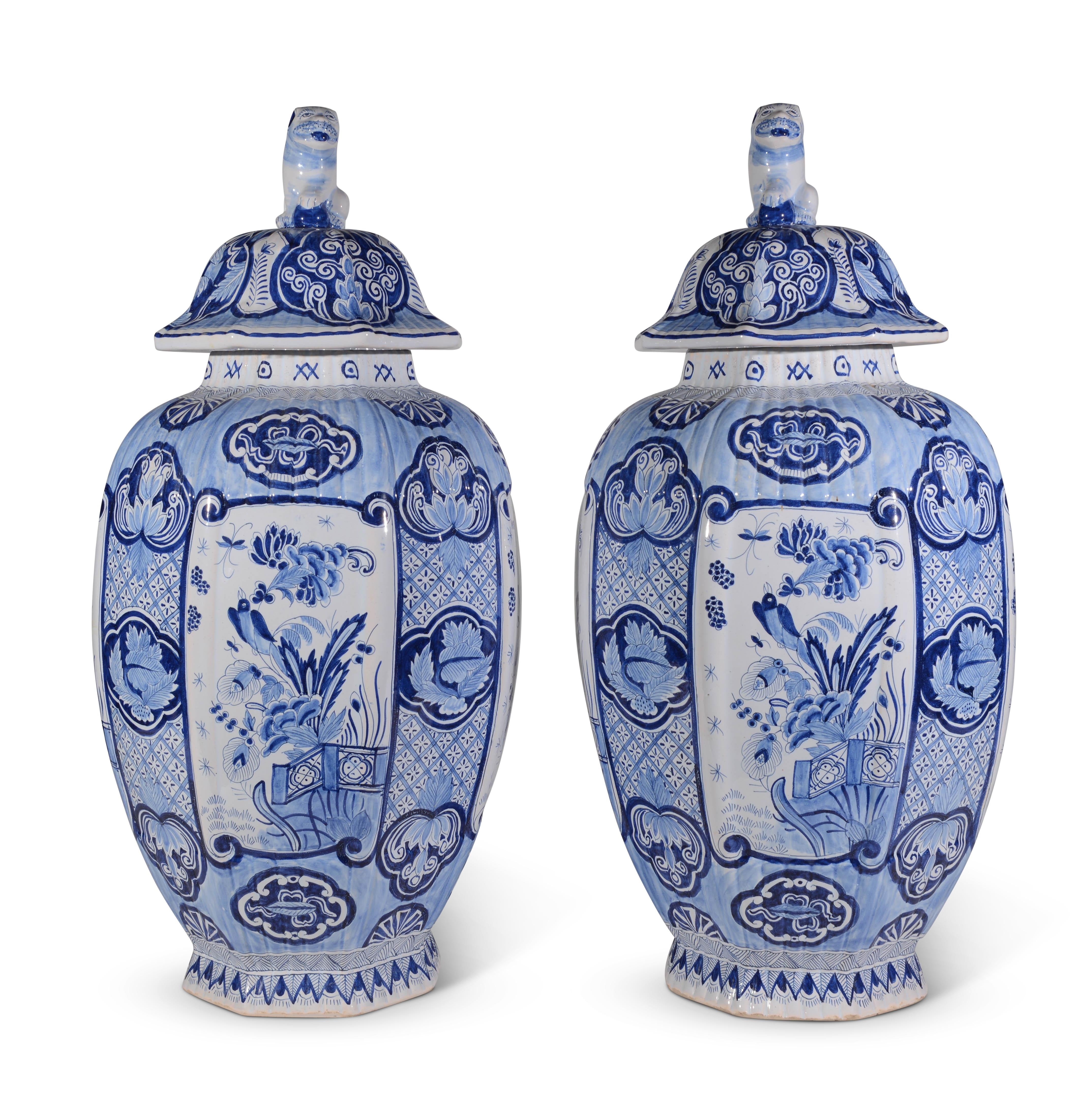 Pair of Blue and White 19th Century Dutch Delft Vases with Covers For ...