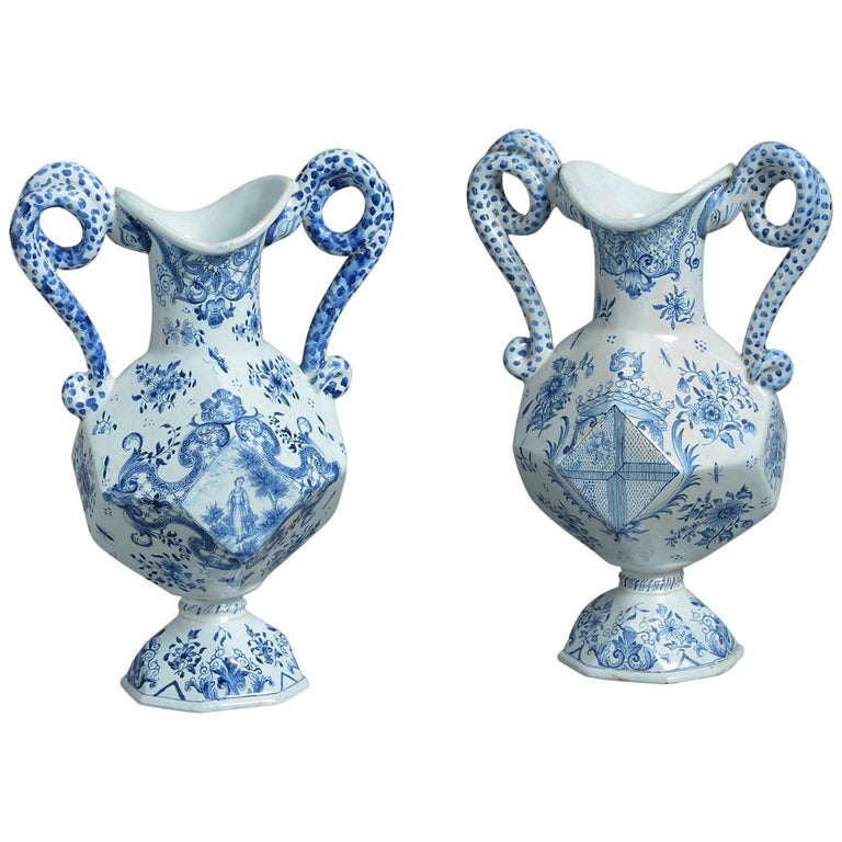 Pair of Blue and White Faience Pottery Vases at 1stDibs
