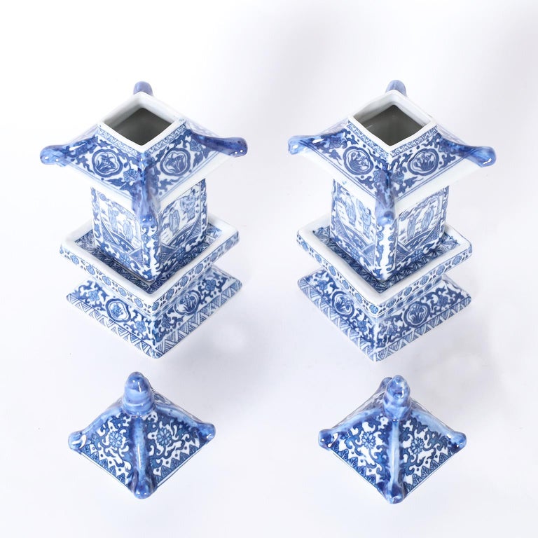 Pair of Blue and White Porcelain Lidded Pagoda Form Tea Caddies For ...